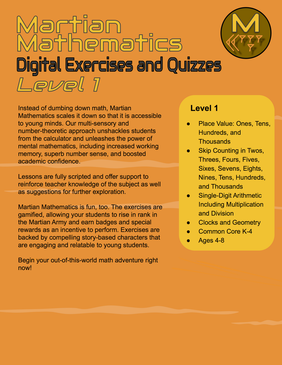 Level 1 Digital Exercises and Quizzes, Lessons 1-7 – Martian Mathematics