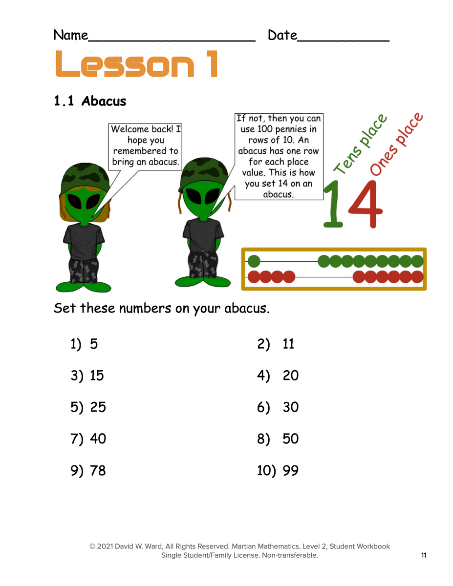 Level 2 Student Workbook, Lessons 1-7 – Martian Mathematics